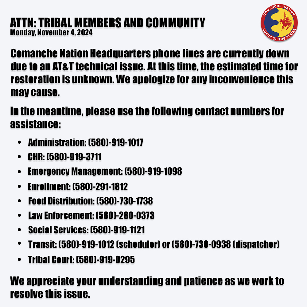 Comanche Nation Headquarters Phone Lines Down | Comanche Nation, Oklahoma
