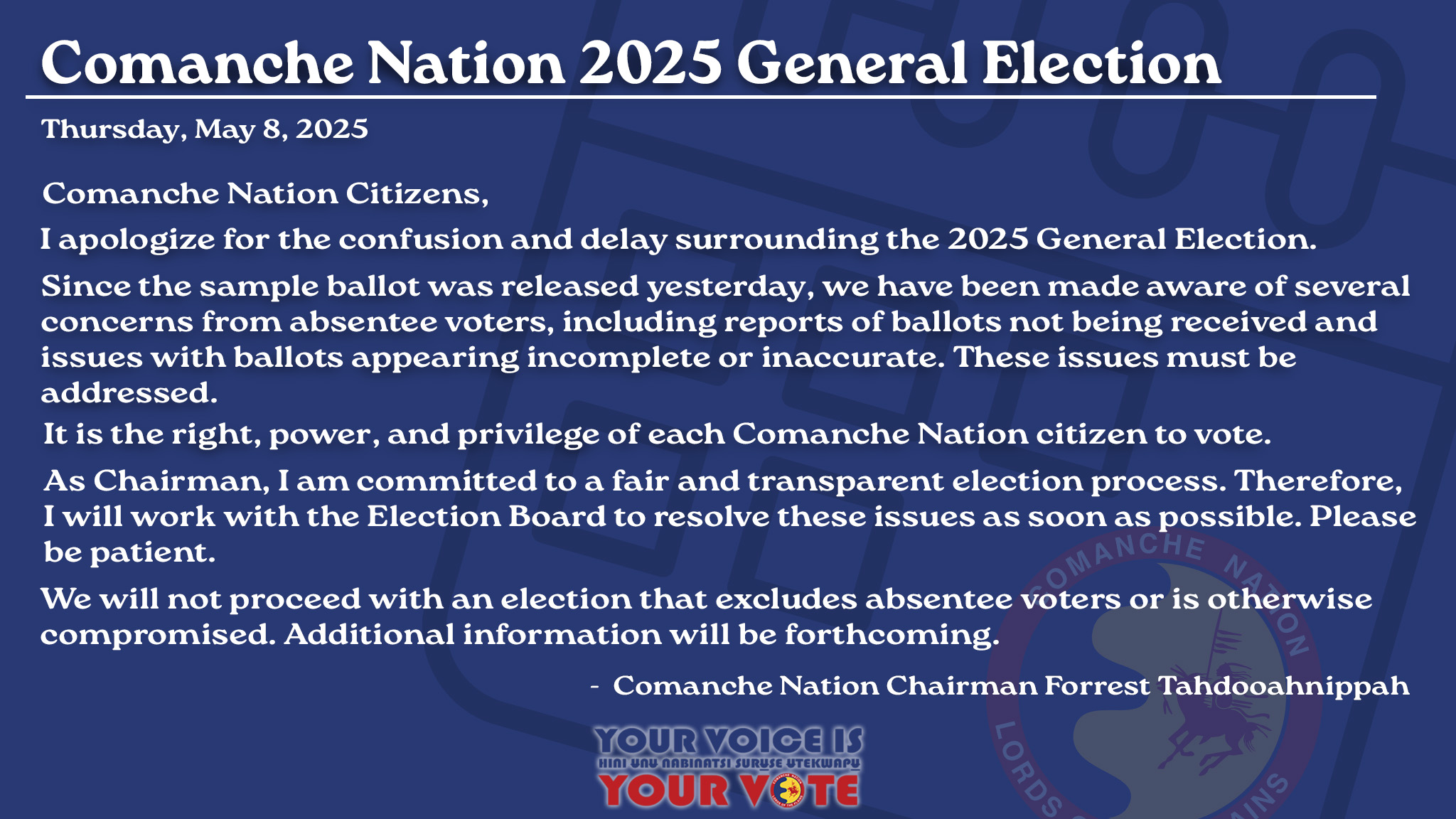 Statement from Chairman Tahdooahnippah, Regarding General Election ...