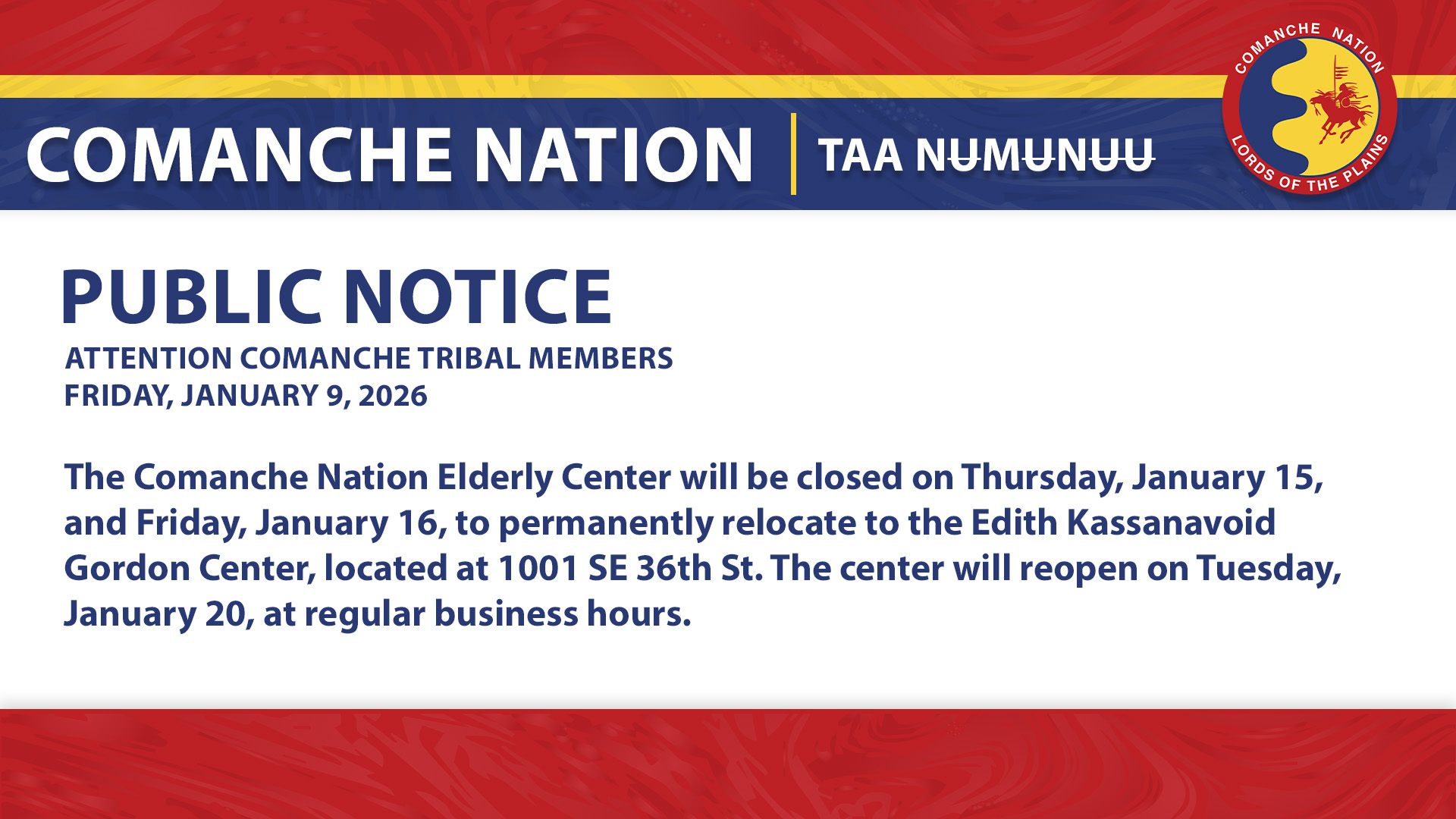 Elderly Center Temporary Closure, Relocates to EKG Center | Comanche ...