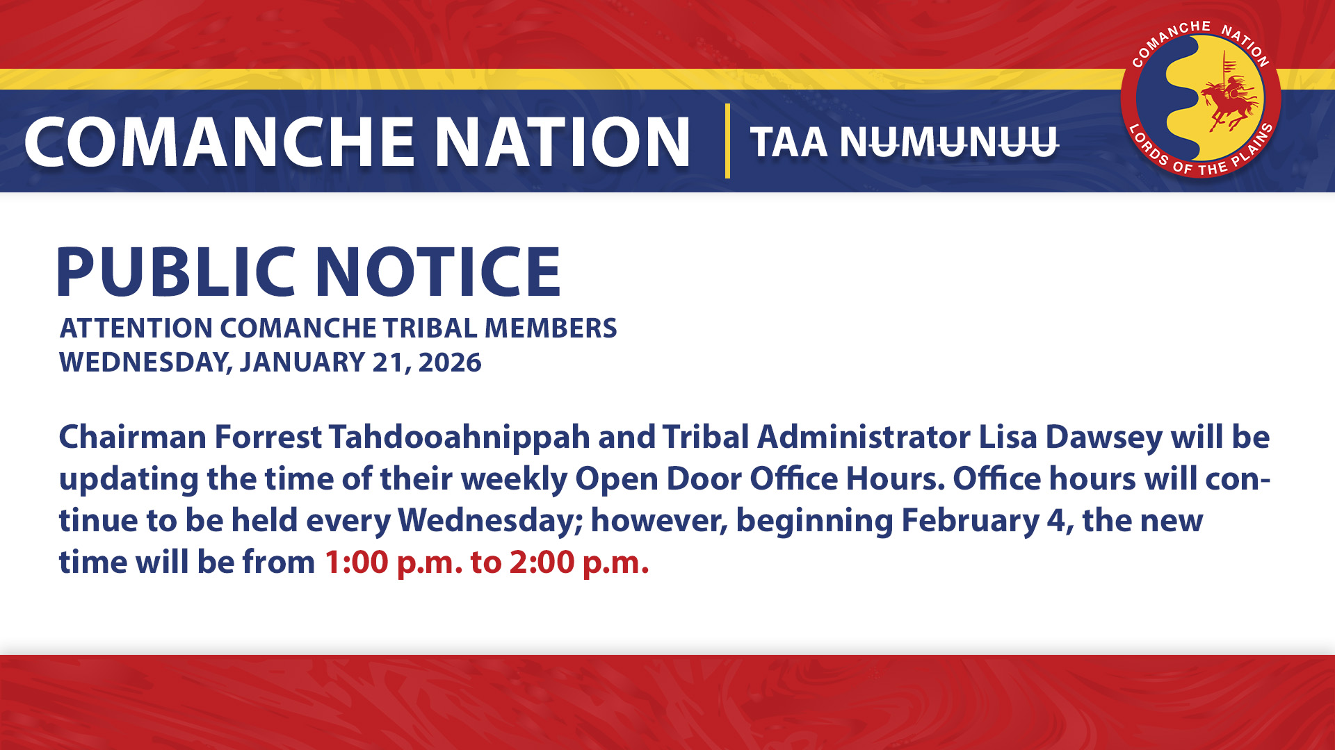 New Open Door Office Hours, Beginning February 2026. | Comanche Nation ...